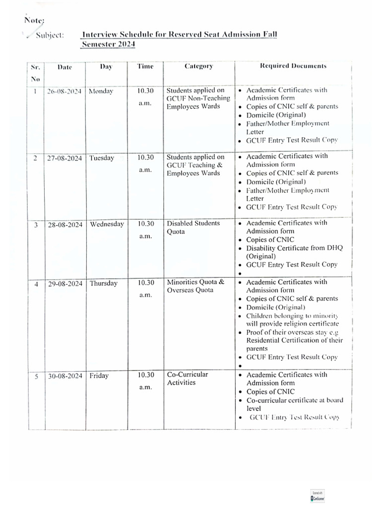 Fall 2024 Reserved Seats Interview Schedule | PDF
