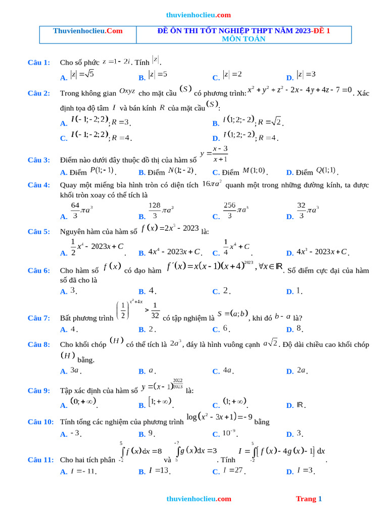Bo de On Thi TN THPT 2023 Mon Toan 2023 Co Loi Giai Chi Tiet | PDF