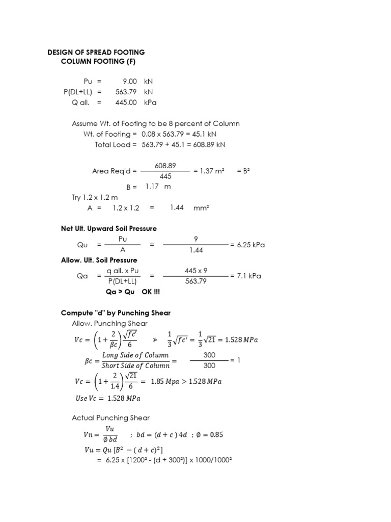 Spread Footing Design Calculations | PDF | Civil Engineering ...