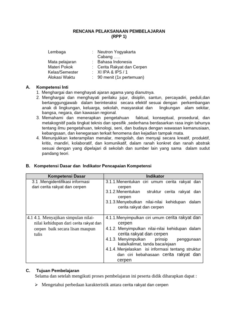 RPP Xi Cerita Rakyat & Cerpen Sem 1 | PDF | Seni & Disiplin Bahasa