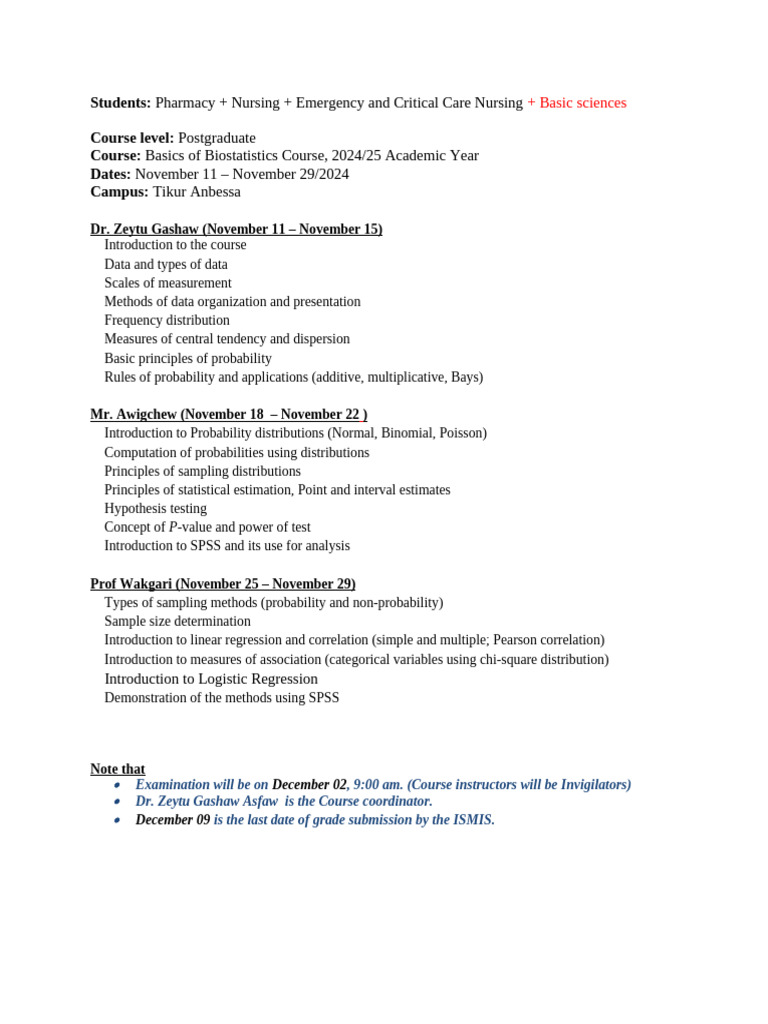 Basic Biostatistics Course Schedule @TASH | PDF | Science & Mathematics