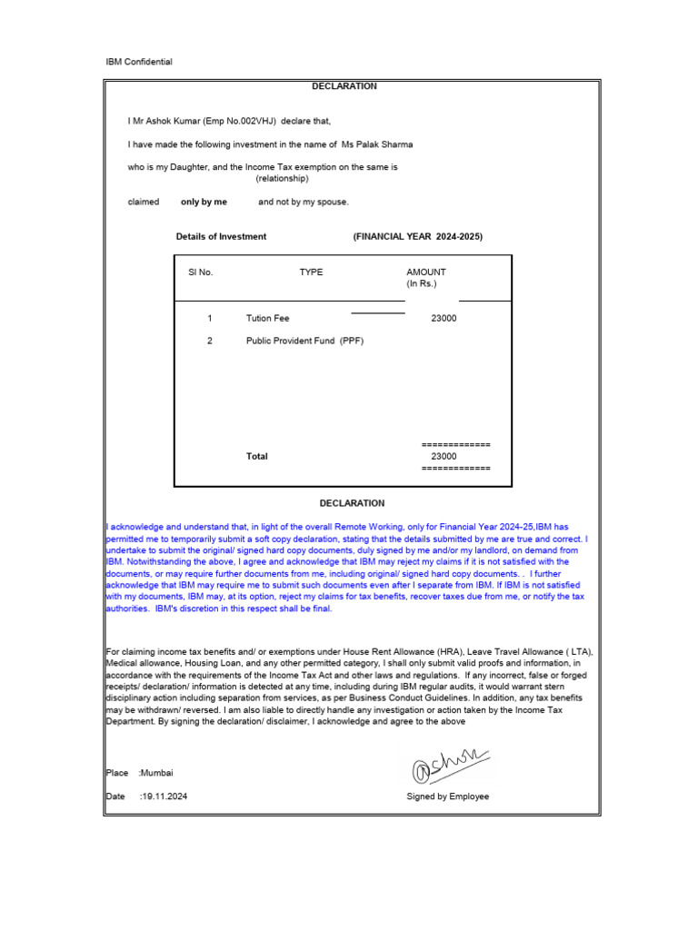 SelfDeclarationform Sec-80C | PDF | Payments | Government Finances