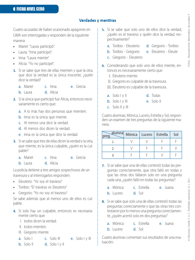 Ejercicios de Verdades y Mentiras | PDF