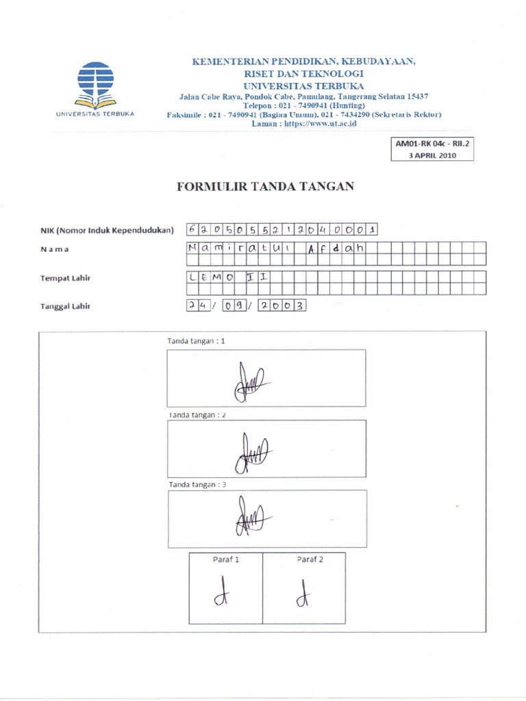 Formulir Tanda Tangan Namiratul Afdah | PDF