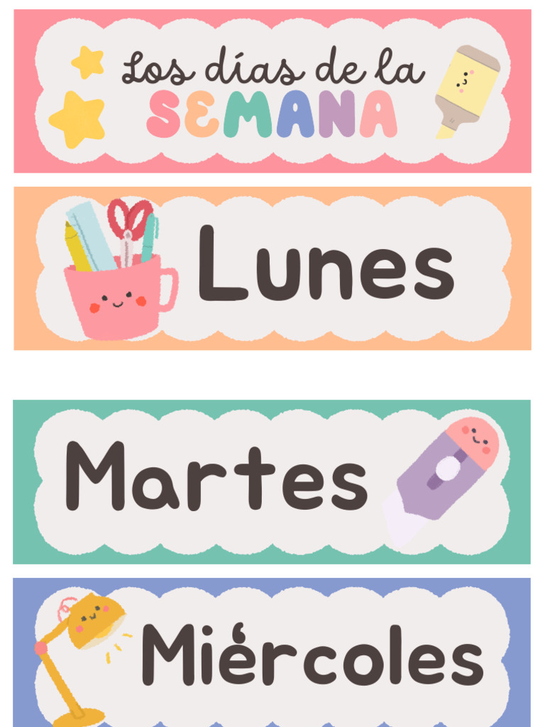 Tartjetas Educativas Días de La Semana Dibujo Ilustrado Colorido | PDF