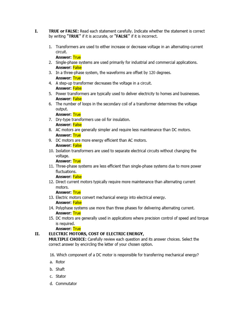 Bu2 Long Quiz Answer Key | PDF | Electric Motor | Alternating Current