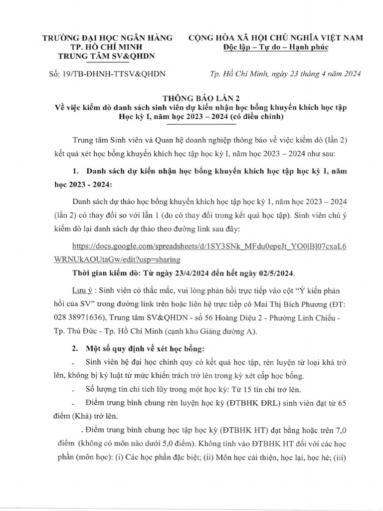 Thong Bao Kiem Do Lan 2 Ket Qua Hoc Bong KKHT Hk1 2023 2024 PDF 2304202450626CH | PDF