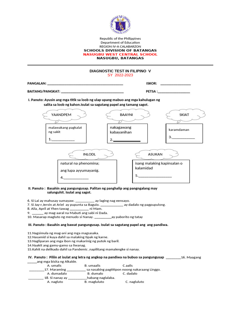 Filipino Diagnostic Test Edited | PDF