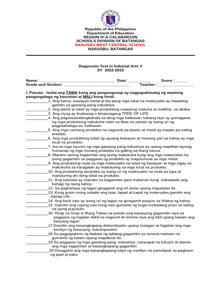 Industrial Arts Diagnostic Test | PDF