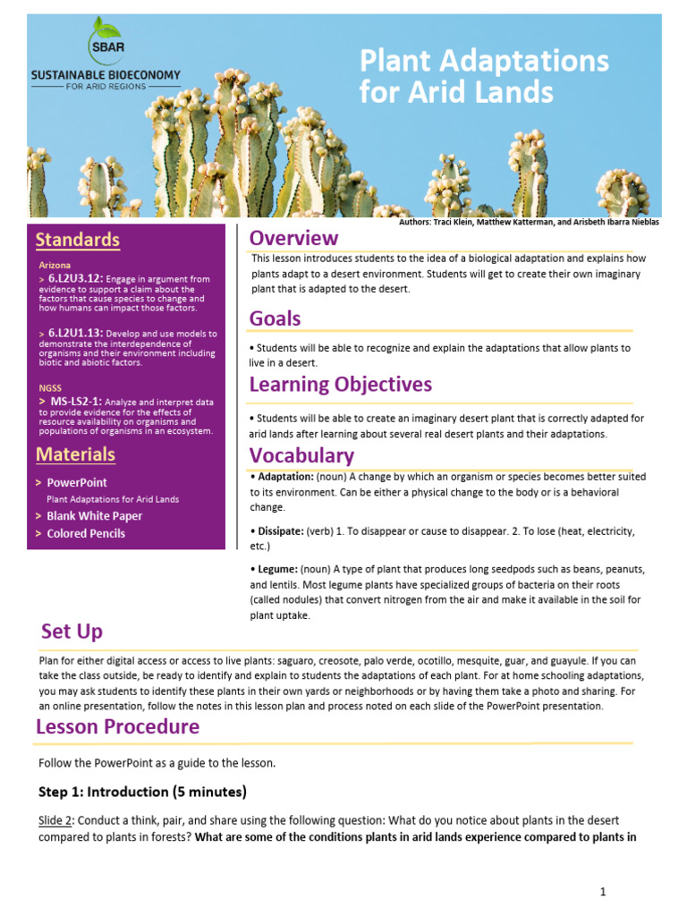 Plant Adaptations For Arid Lands Lesson Plan | PDF | Plants | Botany