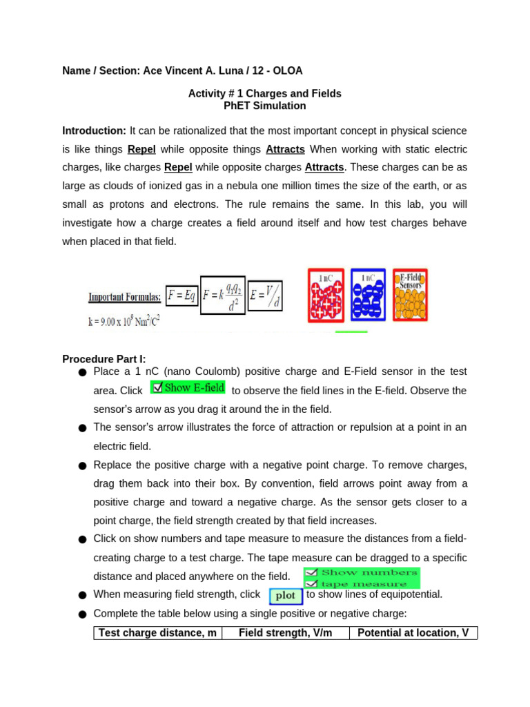 Luna PT 1 Charges and Fields PhET Simulation | PDF | Electric Field ...