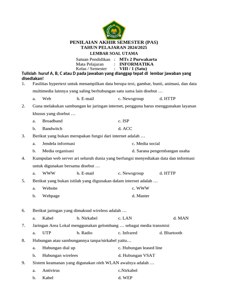 Soal PAS Informatika Kelas 8 2024 | PDF
