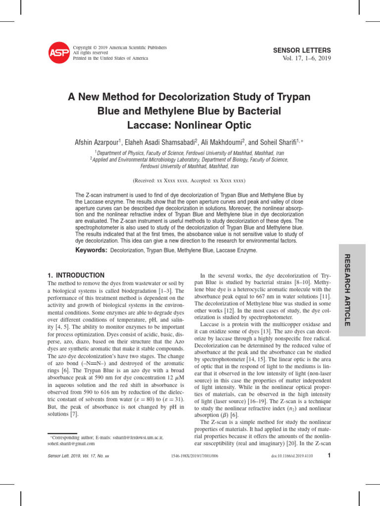 A New Method For Decolorization Study of Trypan Blue and Methylene Blue ...