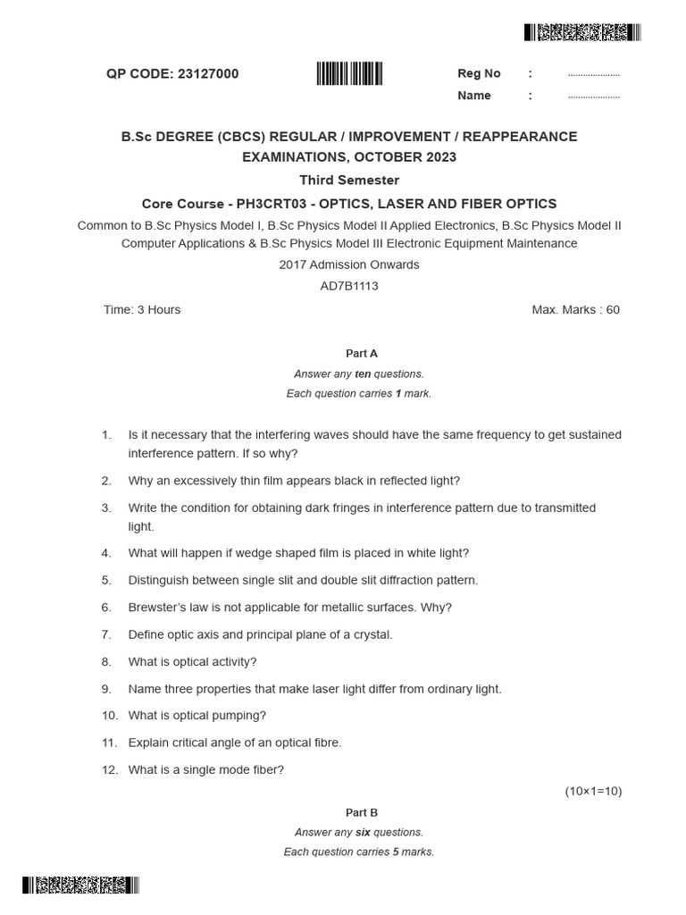 QP CODE: 23127000: Reg No: Name | PDF | Diffraction | Optics