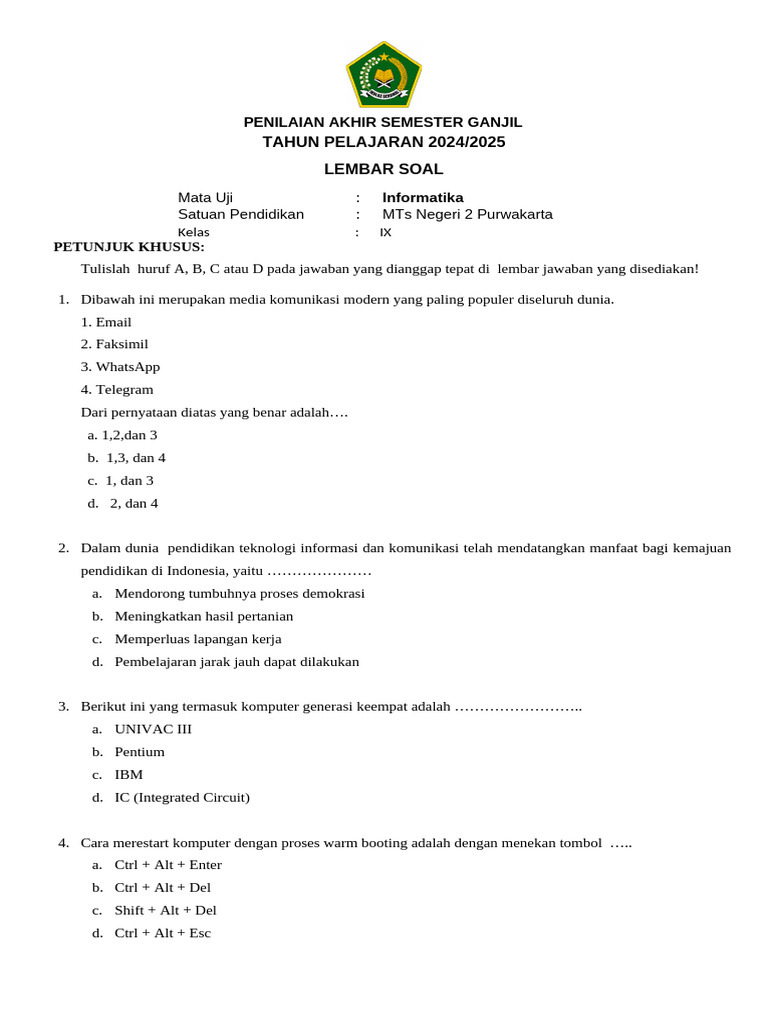 SOAL PAS Informatika Kelas 9 2024 | PDF | Metode & Bahan Ajar | Seni