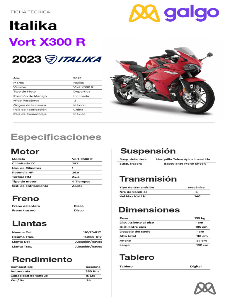 Ficha T Cnica Italika Vort X300 R Galgo | PDF
