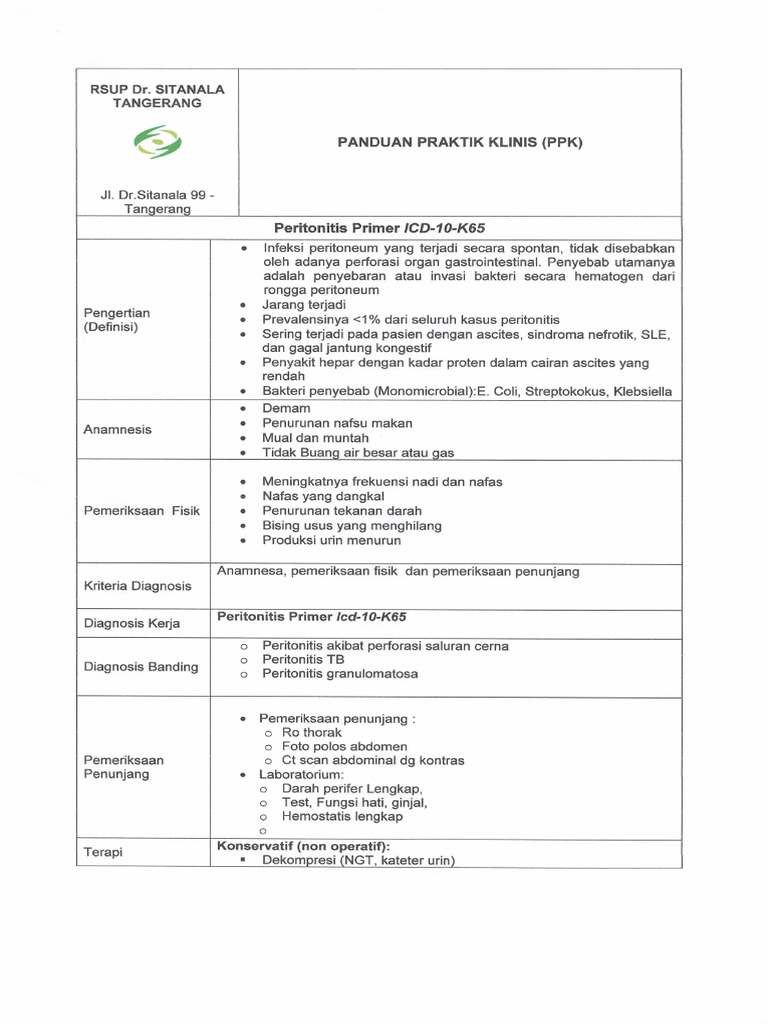 PANDUAN PRAKTIK KLINIS (PPK) Peritonitis Primer ICD-10-K65 | PDF