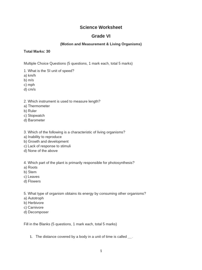 Science Worksheet Grade VI | PDF | Plants | Measurement