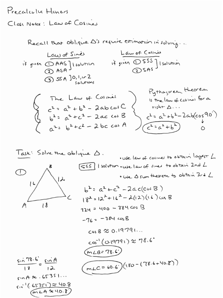 Class Notes The Law Of Cosines Pdf