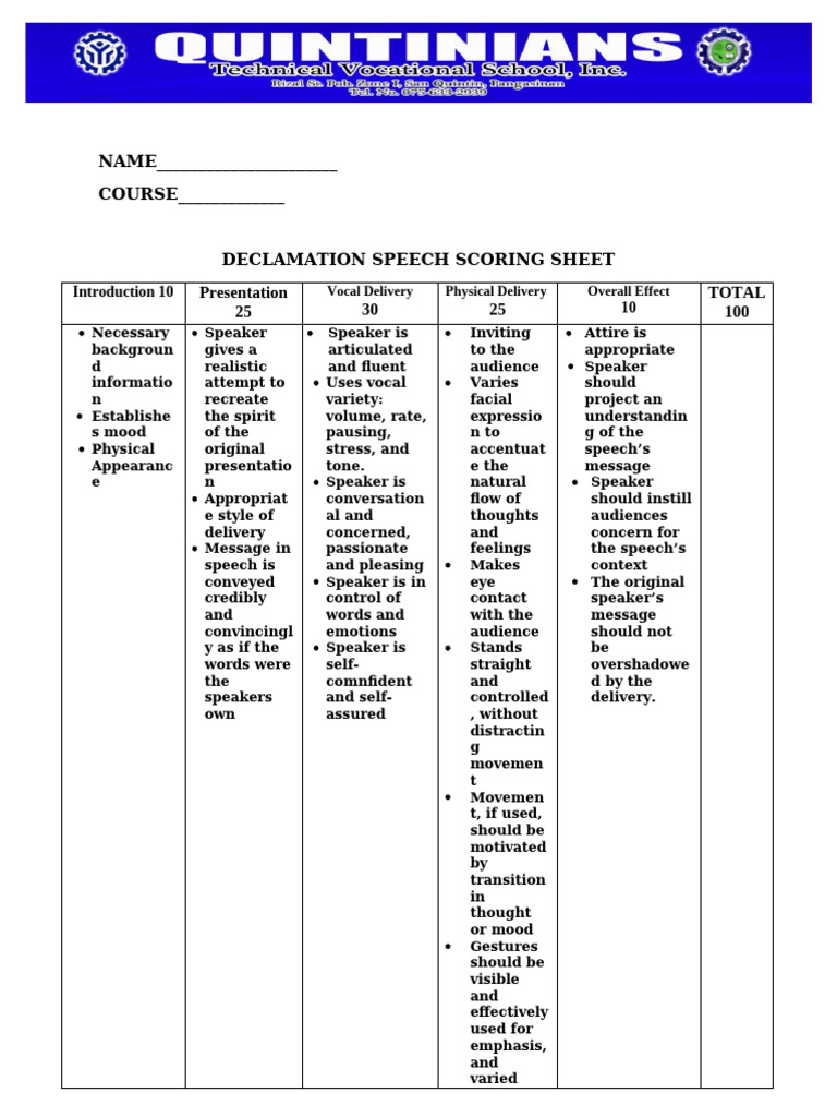 Rubrics Pdf Speech Cognition