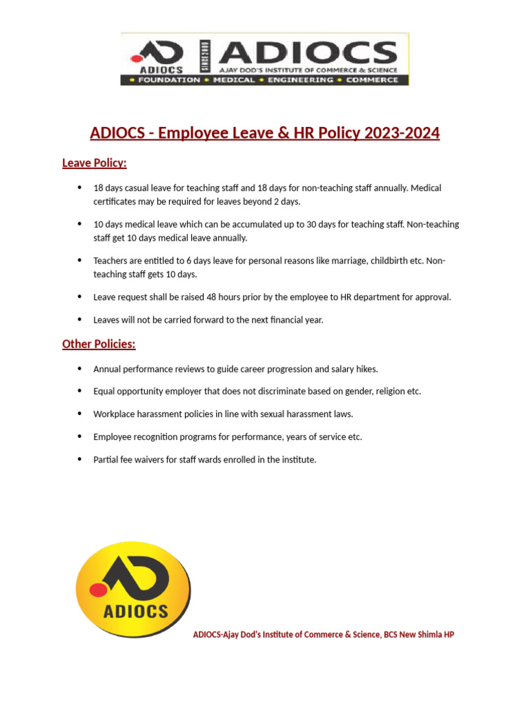 HR Policy ADIOCS 24-25 | PDF | Employment | Harassment