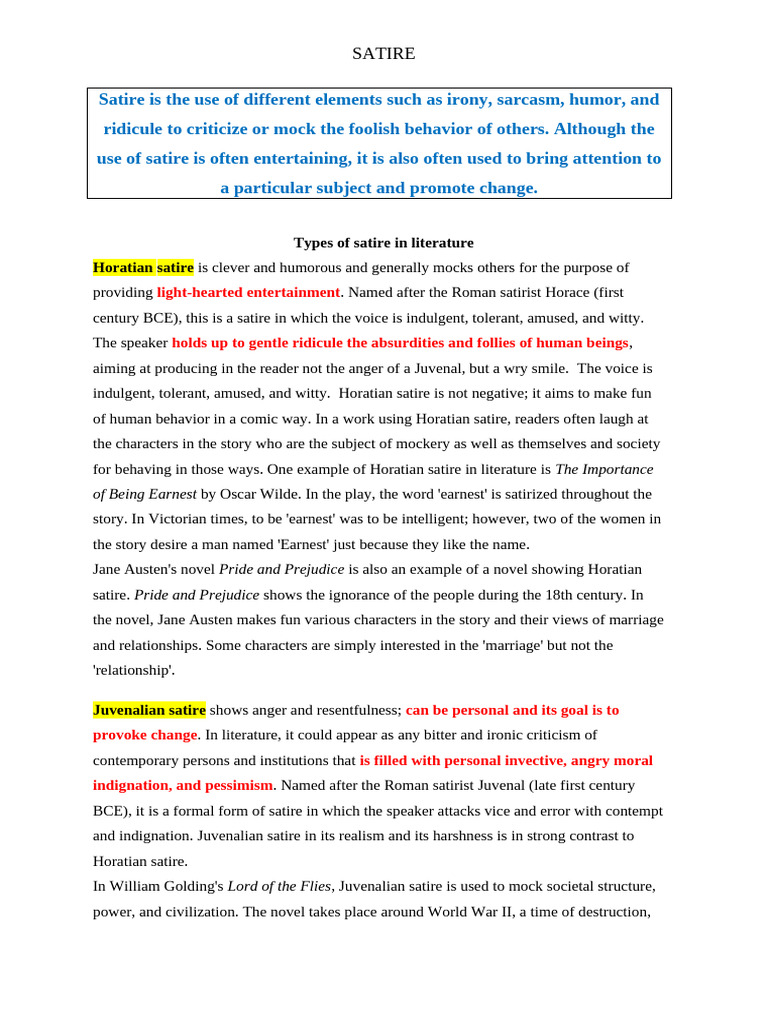 Types of Satire in Literature | PDF | Satire