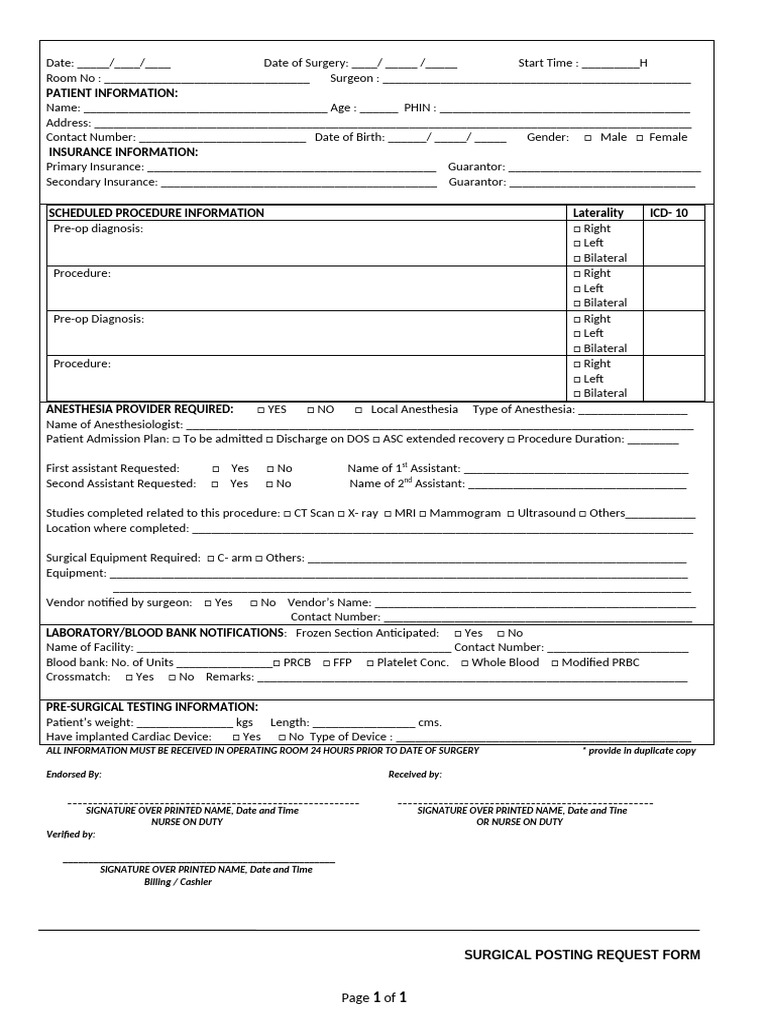 Surgical Posting Request | PDF | Surgery | Anesthesia