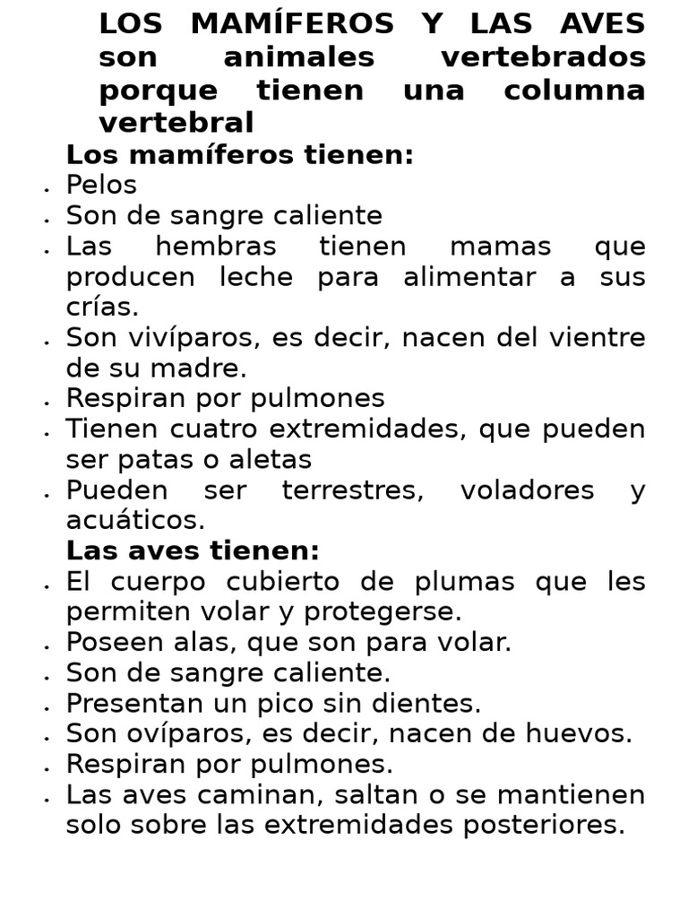Los Mamíferos y Las Aves - Ozuam | PDF