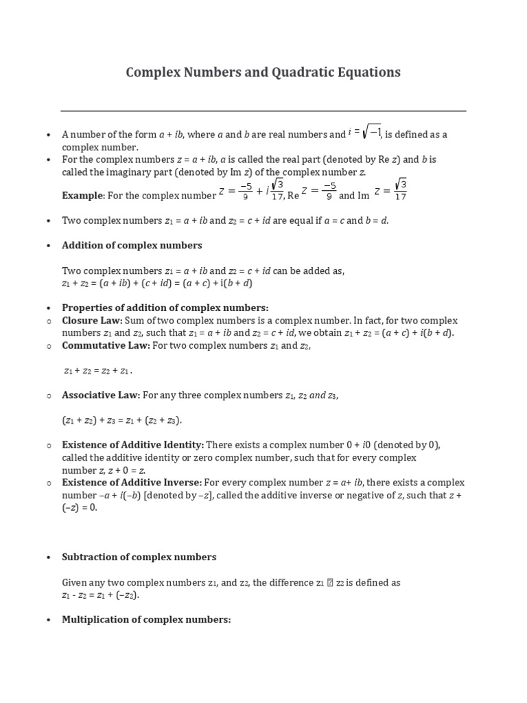 Complex Numbers and Quadratic Equations | PDF | Complex Number | Multiplication