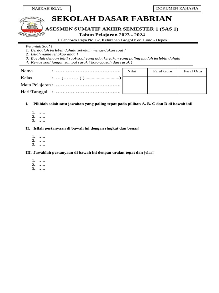 Format Soal SAS 1 (1,4) TP. 2023-2024 | PDF