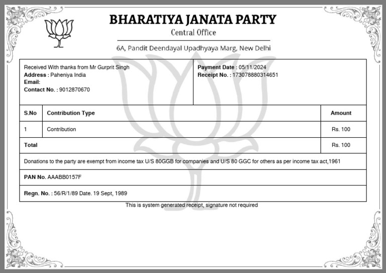 BJP Donation Receipt | PDF