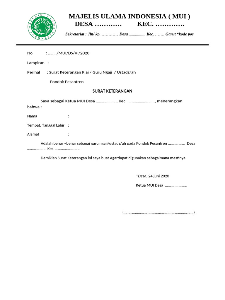 Format Surat Ket. MUI Desa | PDF