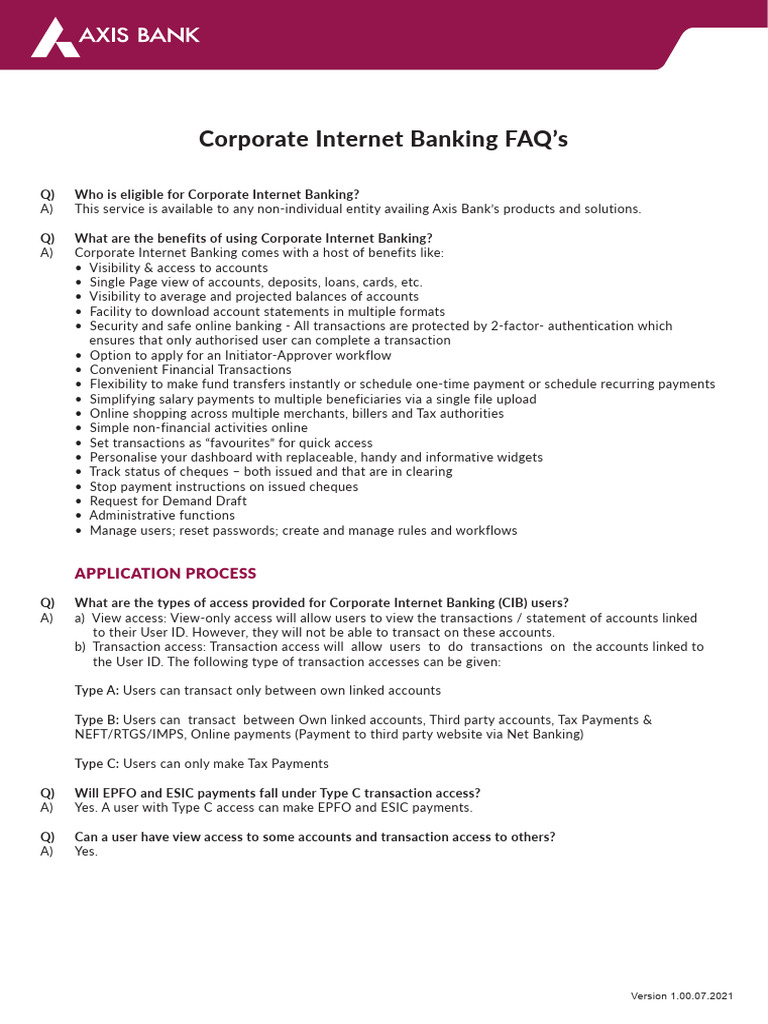 Axis Bank Corporate Internet Banking Guide | PDF | Password | Login