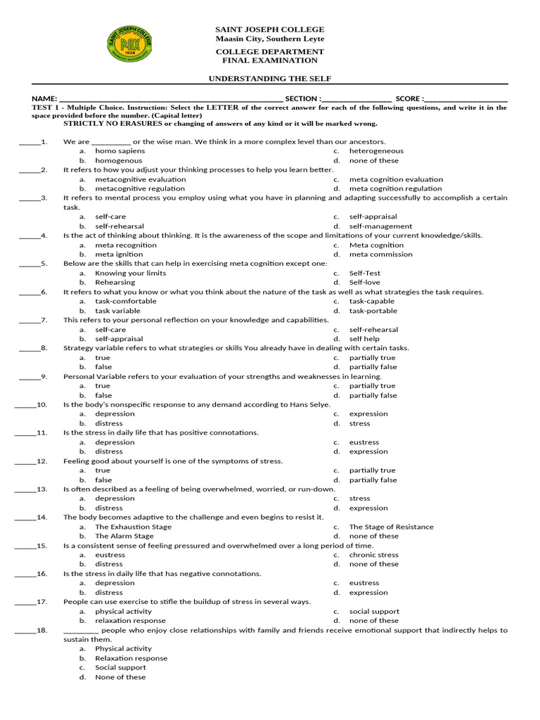 UTS Final Exam: Understanding the Self | PDF | Stress (Biology) | Metacognition