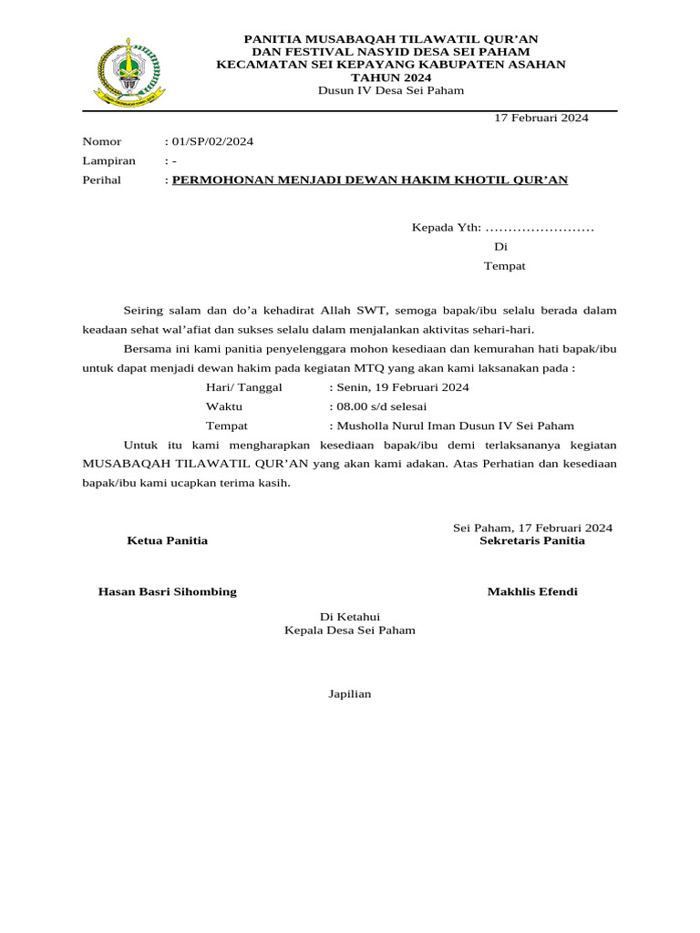 Surat Undangan Dewan Juri MTQ Desa Sei Paham 2024 | PDF