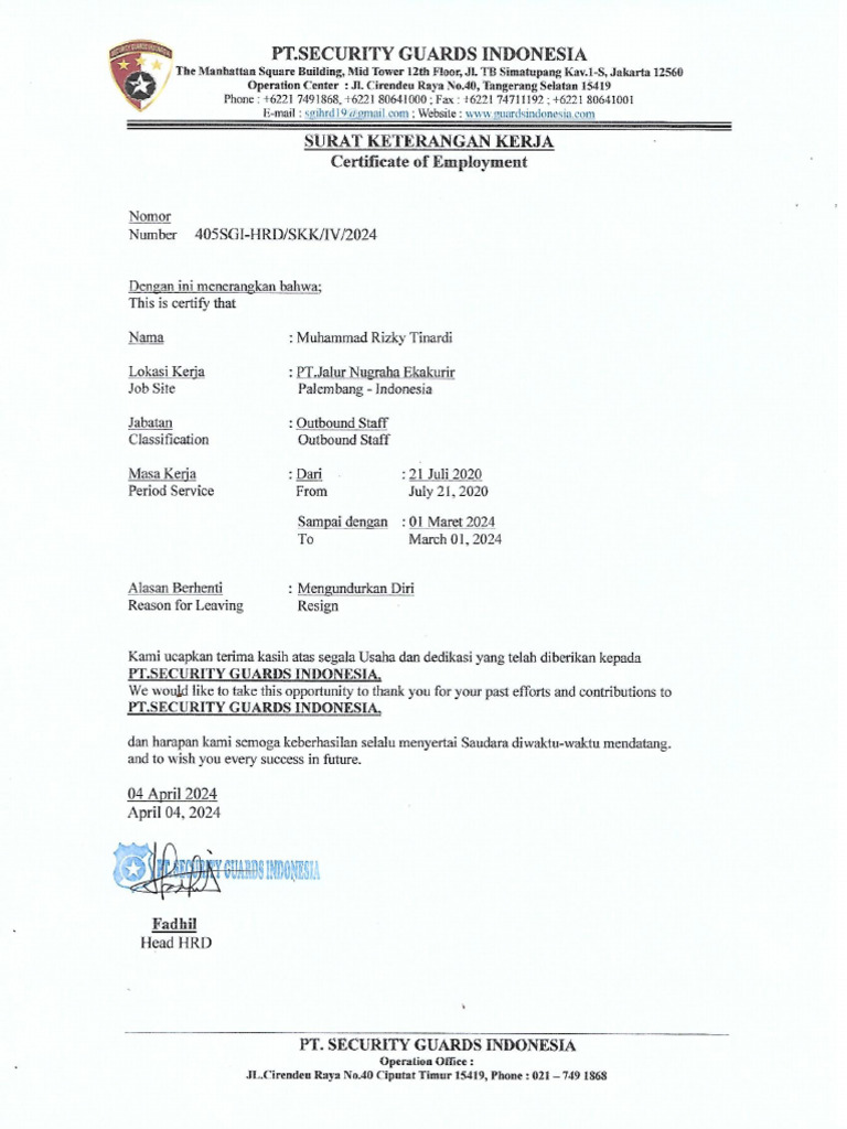 Paklaring Rizky Tinardi | PDF