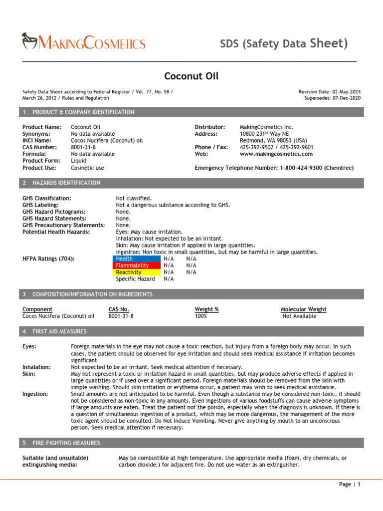 Sds Coconut Oil | PDF | Toxicity | Safety