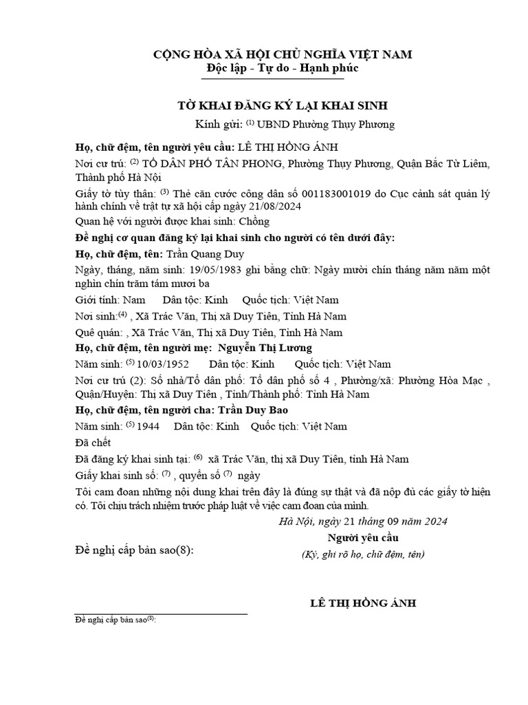 To Khai Dang Ky Lai Khai Sinh | PDF