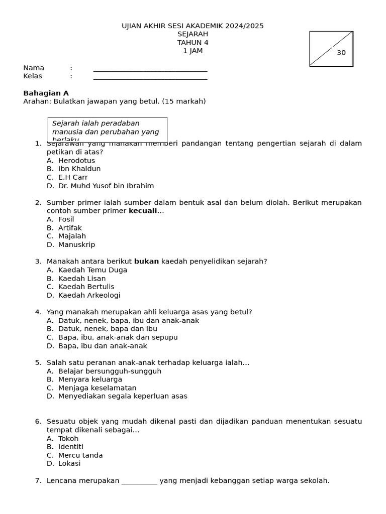 UJIAN AKHIR SESI AKADEMIK 2024 Sejarah Tahun 4 | PDF
