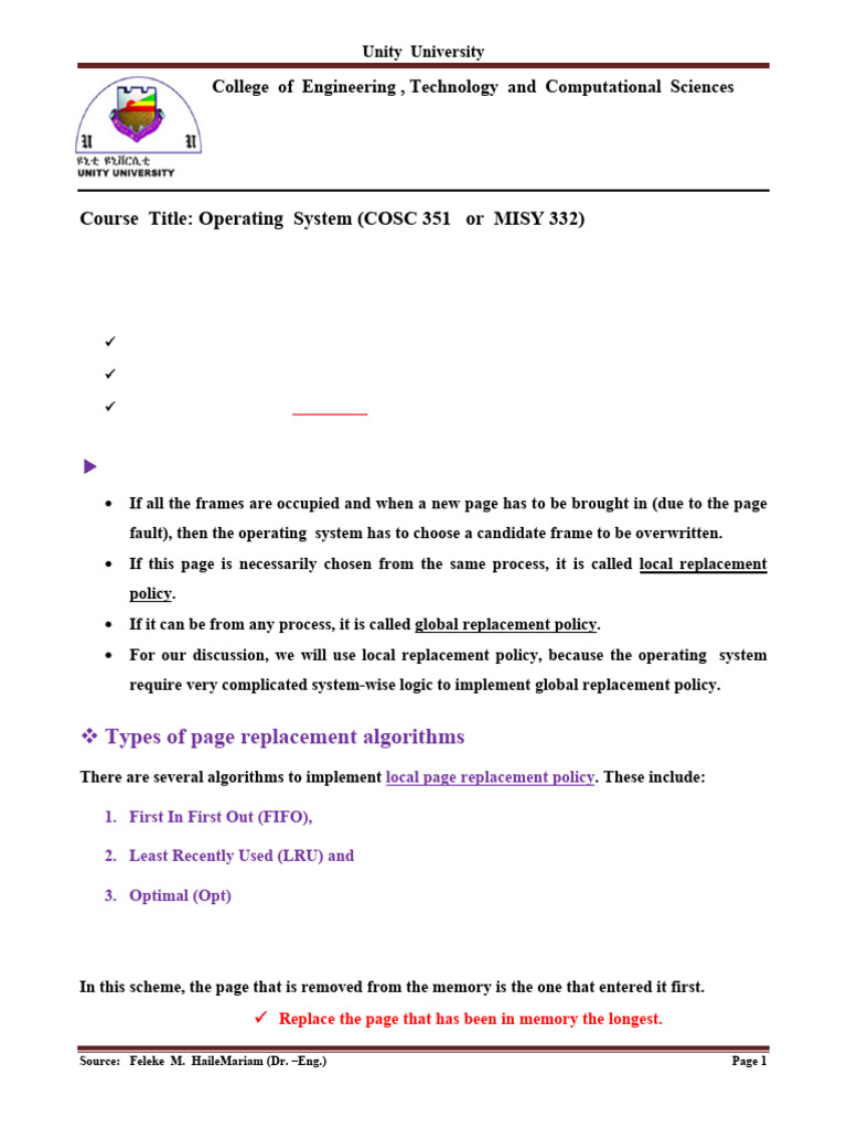 Feleke OS Page Replacement | PDF | Algorithms | Operating System Technology
