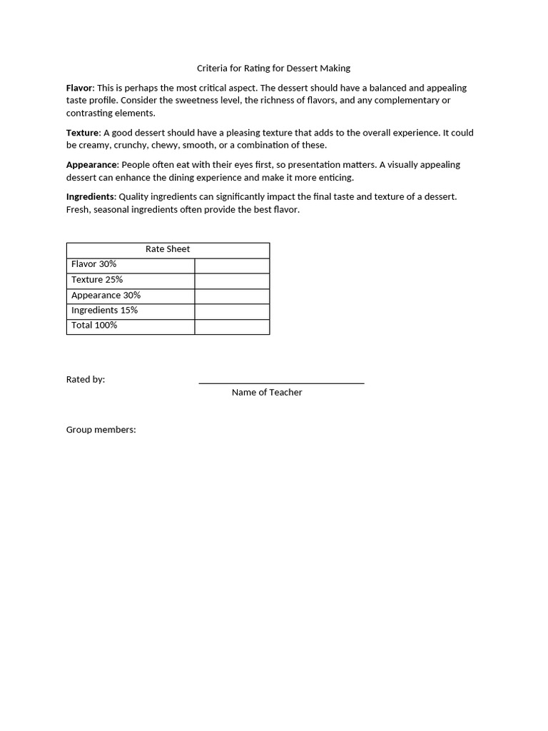 Dessert Rating Criteria Explained | PDF | Cooking, Food & Wine | Lifestyle