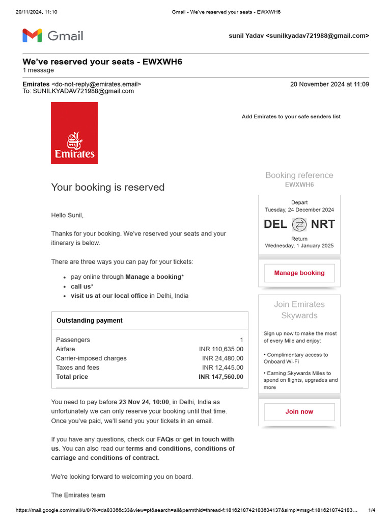 Emirates Booking Confirmation EWXWH6 | PDF | Emirates (Airline) | Airlines