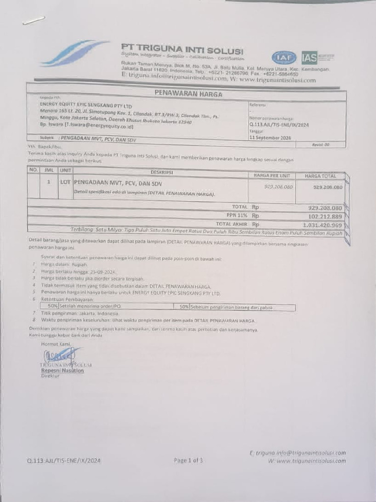 Penawaran PT Triguna Inti Solusi SDV, PCV, MVT | PDF