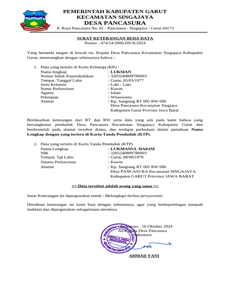 Keterangan Beda Data 2021 | PDF