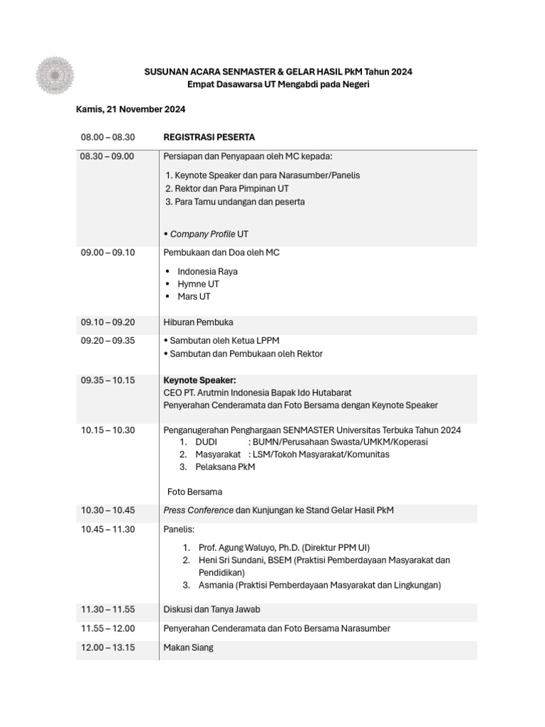 Susunan Acara SENMASTER Dan Gelar Hasil PKM Tahun 2024 | PDF