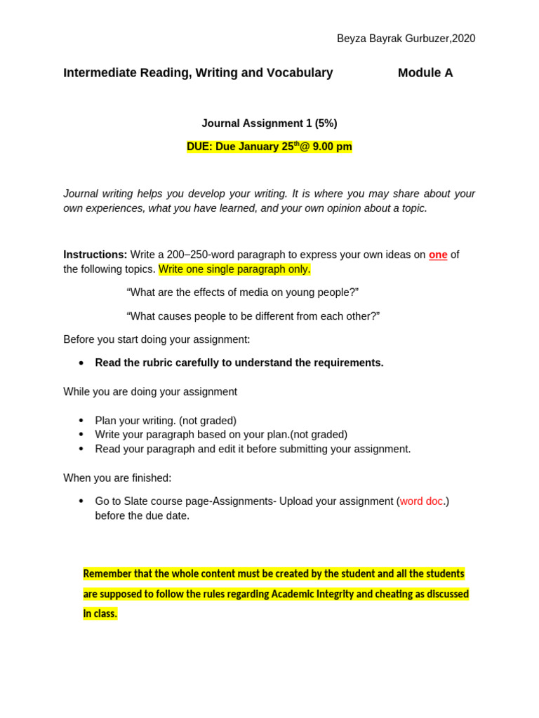 Intermediate Journal Writing Assignment 1-BBG, WINTER | PDF | Art