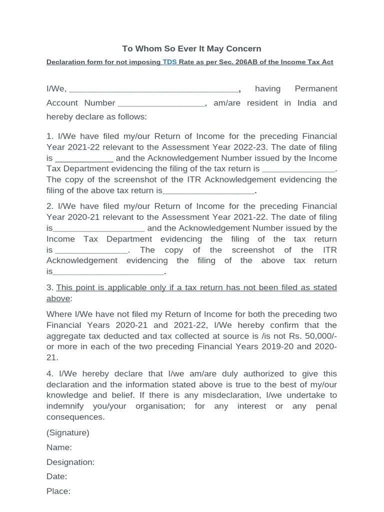 Declaration Form For Not Imposing TDS Rate As Per Sec. 206AB of The ...