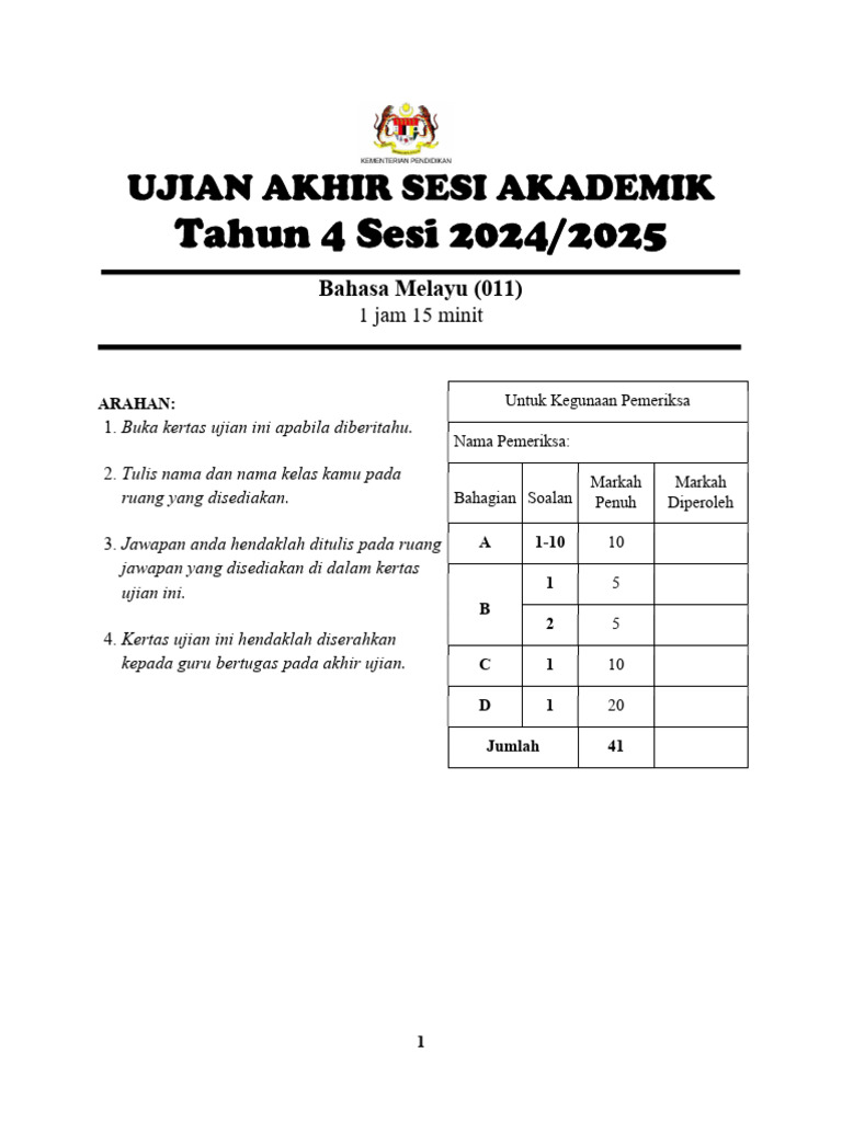 Ujian Akhir Bahasa Melayu 2024/2025 | PDF
