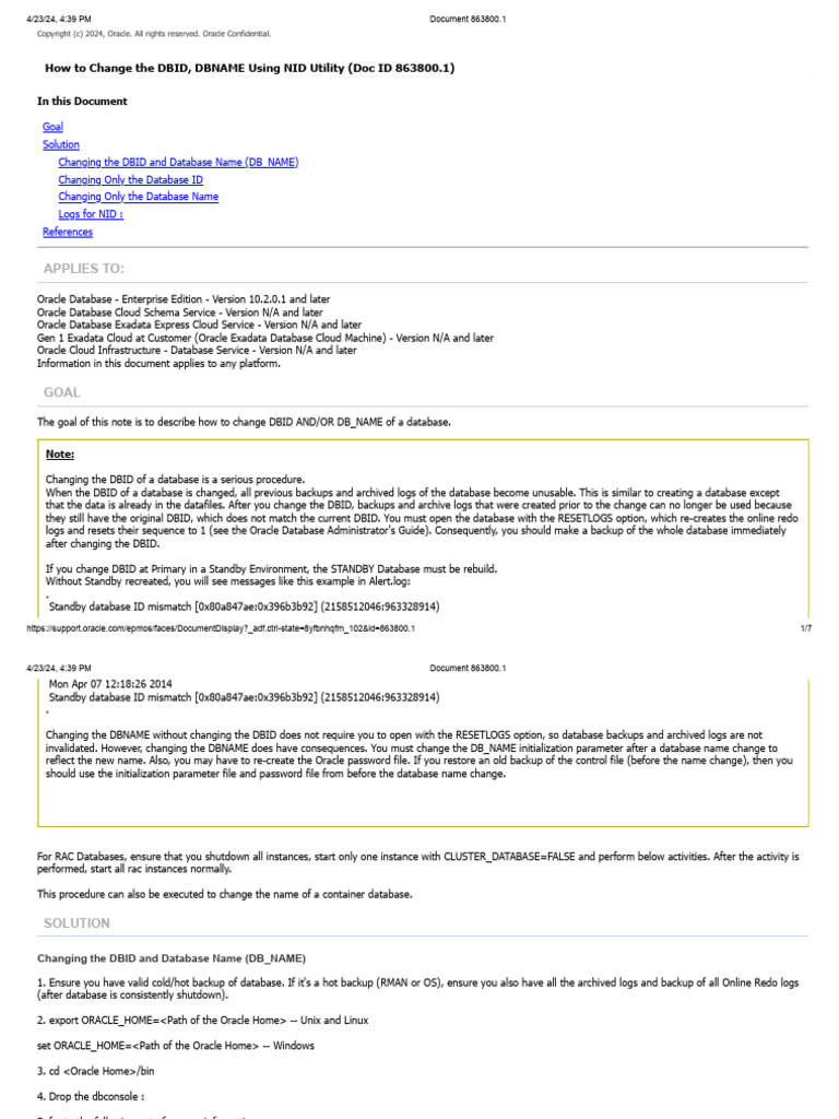 How To Change The DBID, DBNAME Using NID Utility (Doc ID 863800.1) | PDF | Databases | Cloud ...