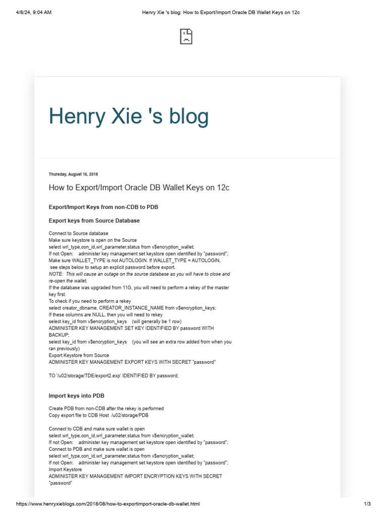 Henry Xie 'S Blog - How To Export - Import Oracle DB Wallet Keys On 12c | PDF | Key ...